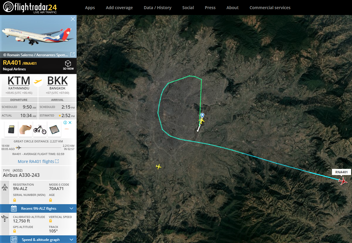 Nepal Airlines' 2nd A330 '9N-ALZ' flies to Bangkok as 1st commercial flight